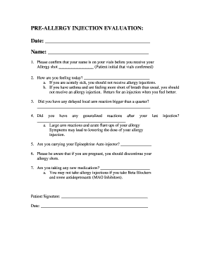 Fillable Online Pre Allergy Injection Evaluation Pre Allergy Injection ...