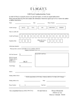Fillable Online Gift Card Authorization Form - Elway39s Fax Email Print ...