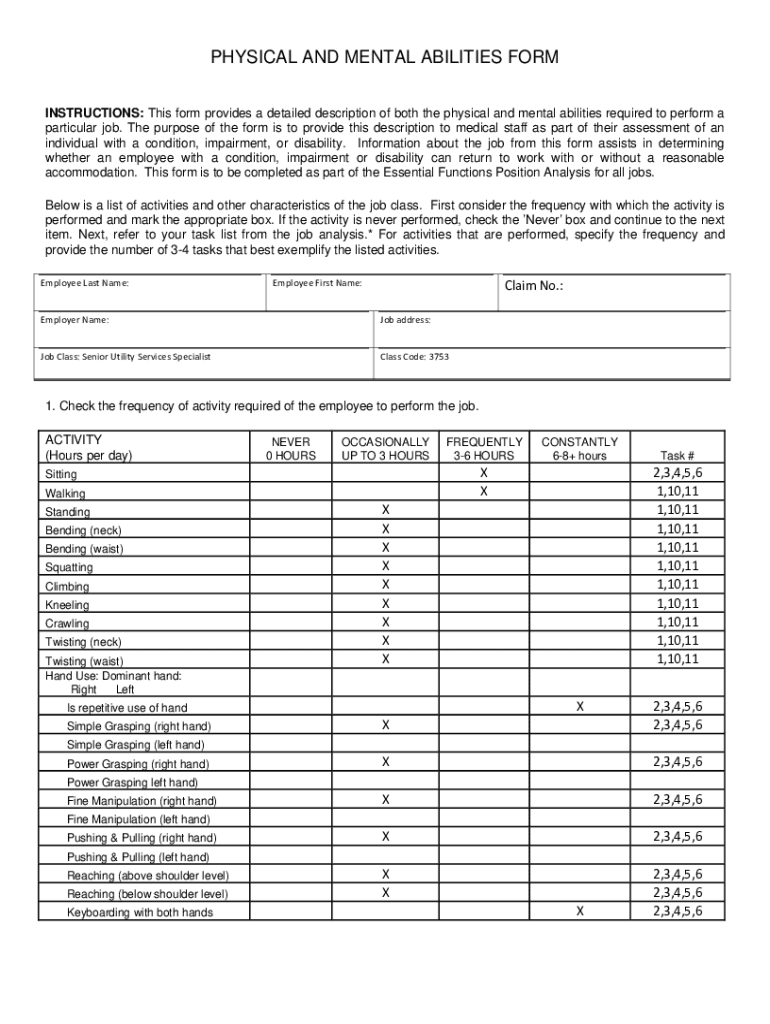 Fillable Online per lacity Physical and Mental Abilities Form w Task ...