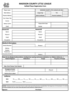 Fillable Online Softball Player Registration Form - Madison County Fax ...