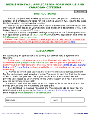 Fillable Online NEXUS RENEWAL APPLICATION FORM FOR US AND CANADIAN ...