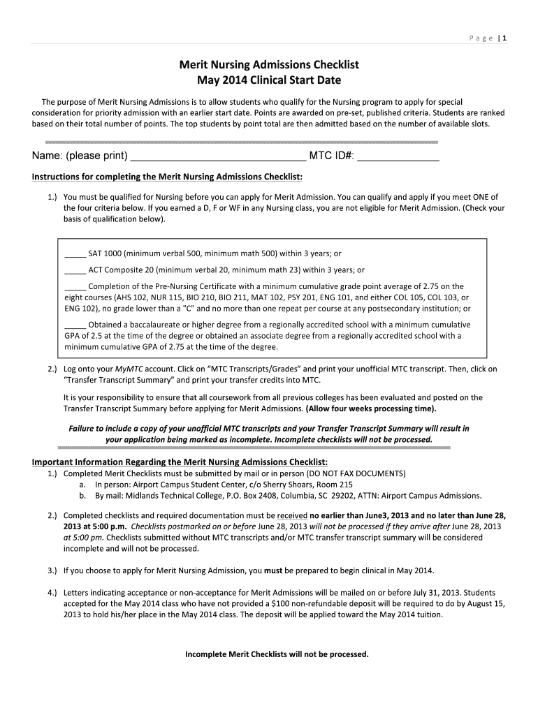 Fillable Online collegepassport Merit Nursing Admissions Checklist for ...