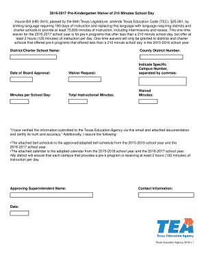 Fillable Online txcharternetwork 2016-2017 Pre-Kindergarten bWaiverb of ...