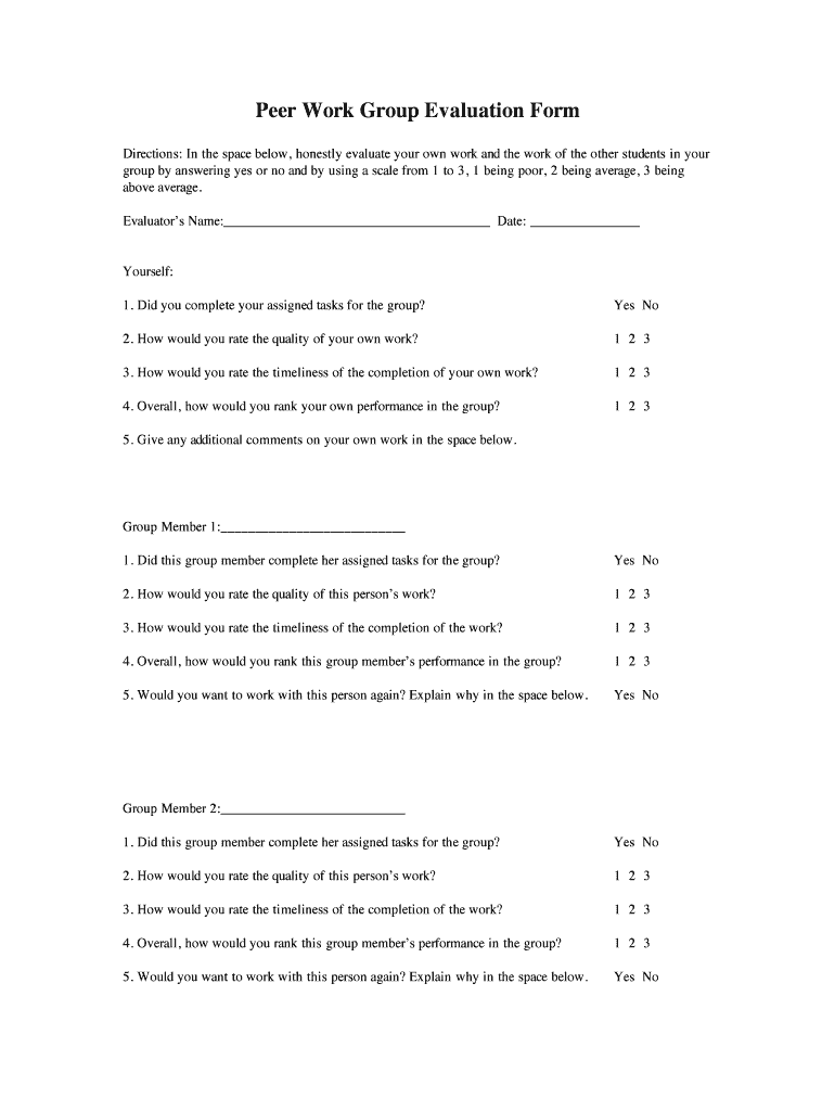Fillable Online ecademy agnesscott Peer Work Group Evaluation Form ...