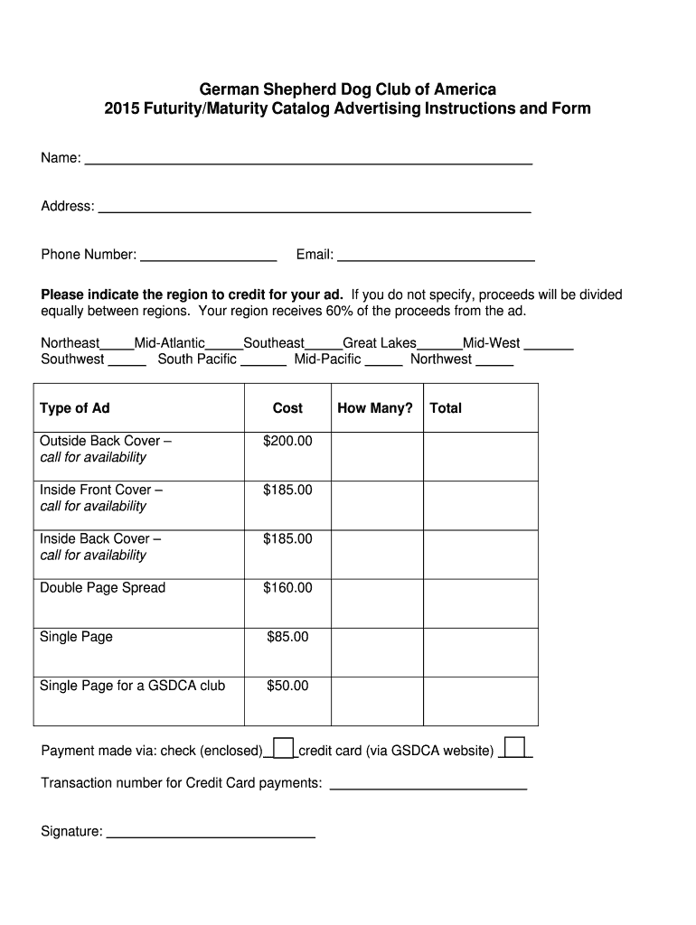 Fillable Online store gsdca Futurity Advertising Form 2015 - German Shepherd Club Fax Email ...