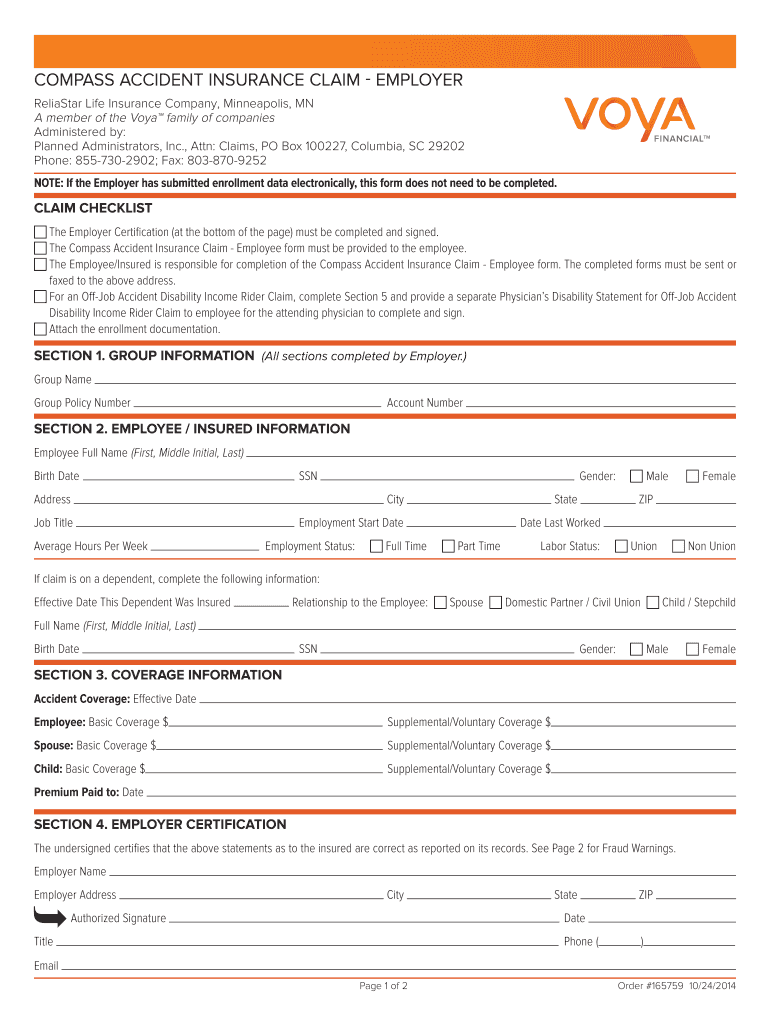Fillable Online RESET FORM COMPASS ACCIDENT INSURANCE CLAIM EMPLOYER ...