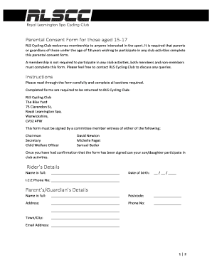 Fillable Online Parental Consent Form - Under 18 - RLS Cycling Club Fax ...