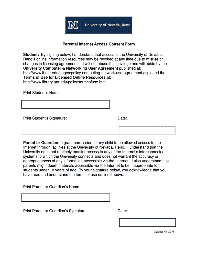 Fillable Online unr Parental Internet Access Consent Form - University of Fax Email Print ...