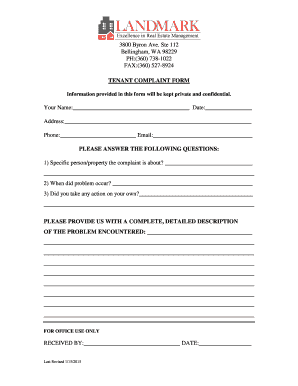 Fillable Online Tenant Complaint Form - visitlandmarkcom Fax Email ...