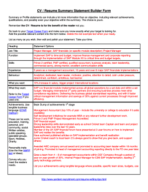 Fillable Online CV Resume Summary Statement Builder Form Fax Email ...