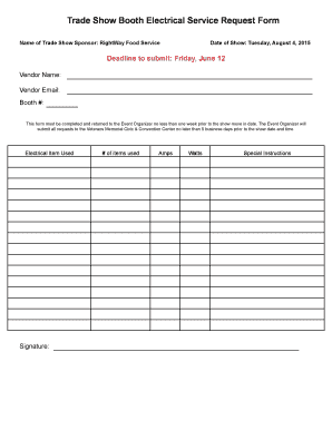 Fillable Online Vendor Name Trade Show Booth Electrical Service Request ...