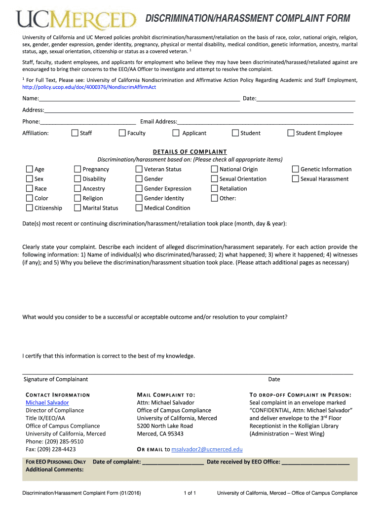 Fillable Online dsvp ucmerced Discrimination Complaint Form 2014 Fax ...