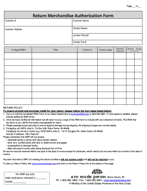 Fillable Online Return Merchandise Authorization Form - Ave Maria Press ...