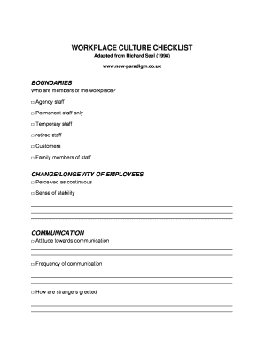 Fillable Online WORKPLACE CULTURE CHECKLIST - tacesoutheastorg Fax ...
