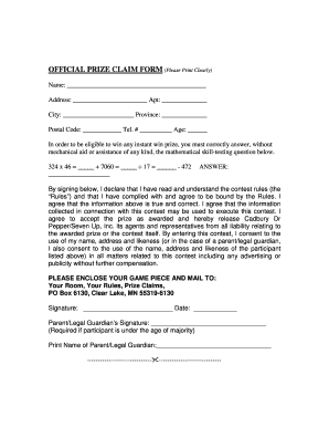 Fillable Online SAMPLE PRIZE CLAIM FORM - Slush Puppie Fax Email Print ...