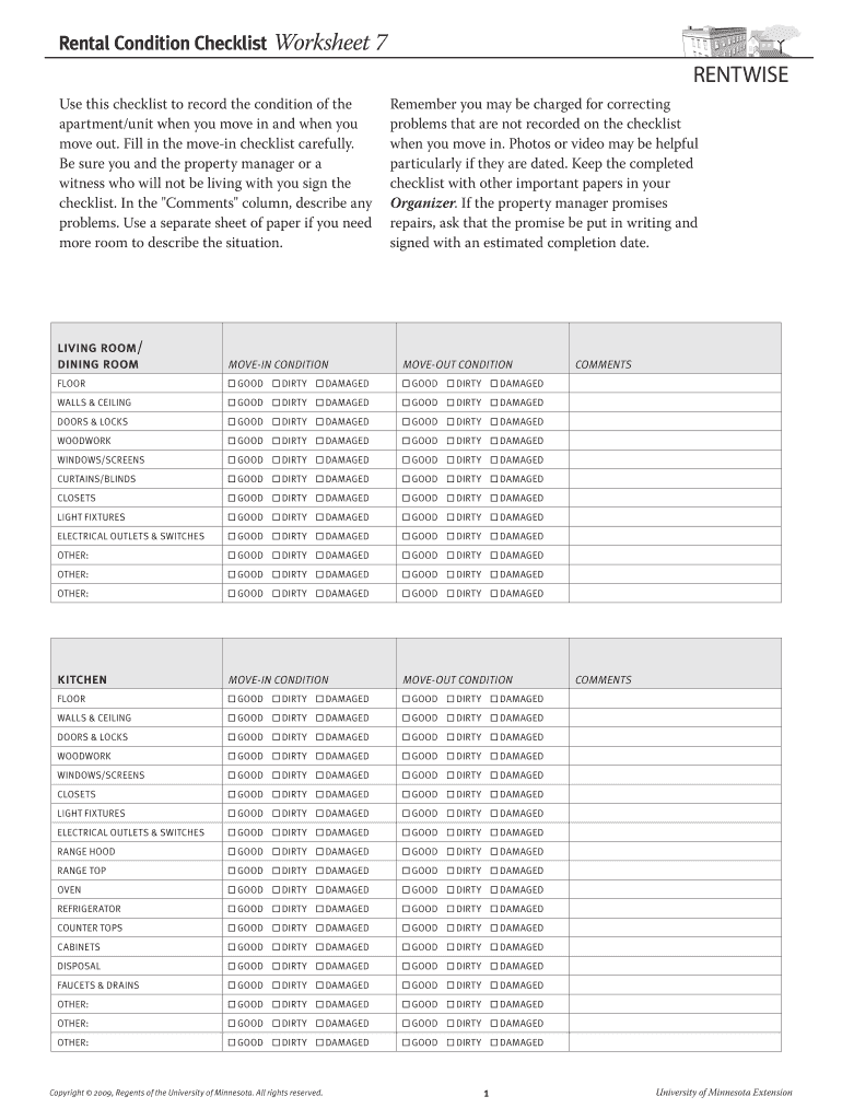 Fillable Online extension umn Rental Condition Checklist Worksheet 7 ...