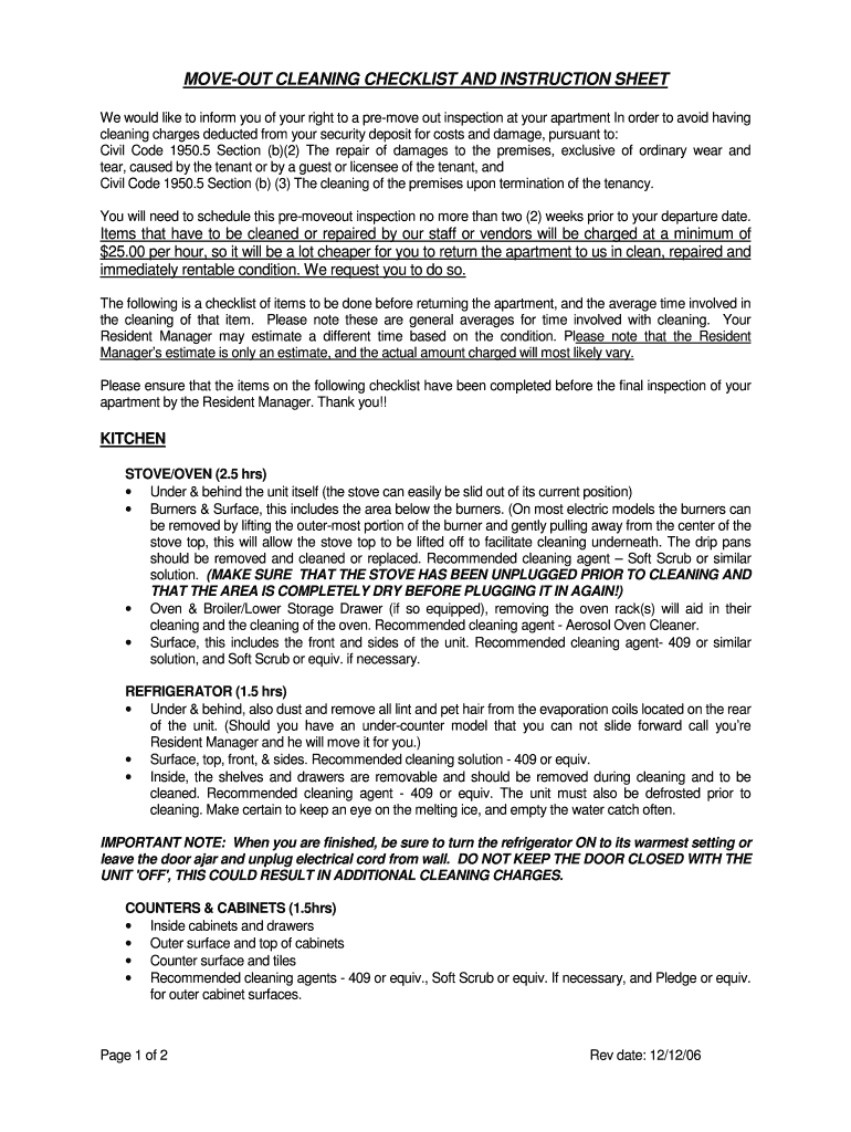 Fillable Online MOVE-OUT CLEANING CHECKLIST AND INSTRUCTION SHEET Fax ...