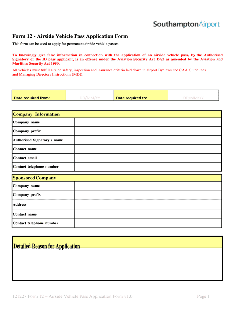 Fillable Online Form 12 - Airside Vehicle Pass Application Form Fax ...
