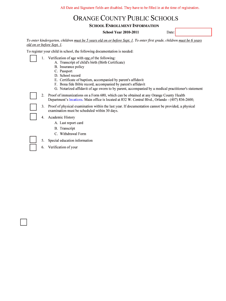 Fillable Online ocps ORANGE COUNTY PUBLIC SCHOOLS SCHOOL ENROLLMENT INFORMATION School Year ...