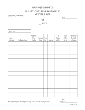Fillable Online NEW BUSINESS TRANSMITTAL GUARANTEE TRUST LIFE INSURANCE ...