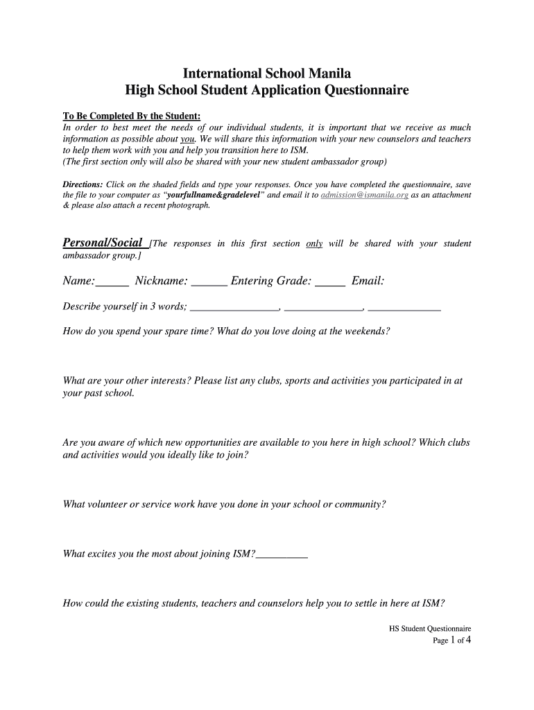 Fillable Online ismanila International School Manila High School Student Fax Email Print - pdfFiller