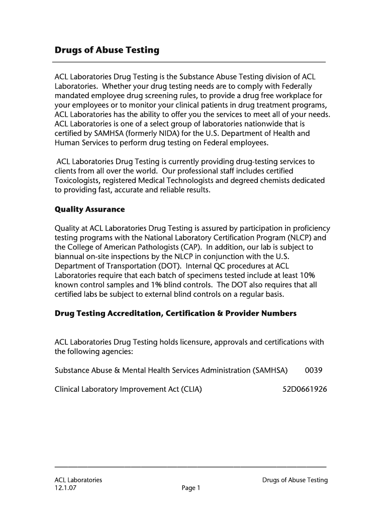 Fillable Online ACL Laboratories Drug Testing is the Substance Abuse ...