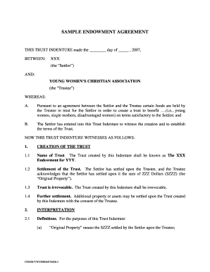 Fillable Online ywcavan Sample Endowment Agreement - YWCA Metro ...
