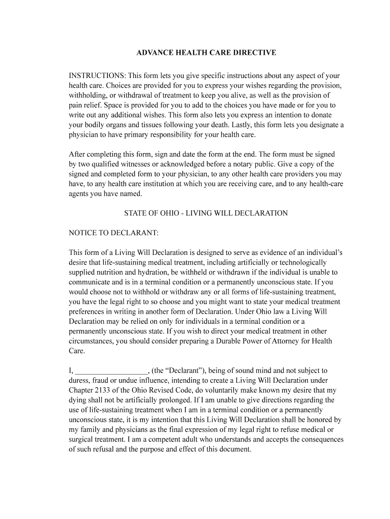 Fillable Online ADVANCE HEALTH CARE DIRECTIVE - Free Online Will Fax ...