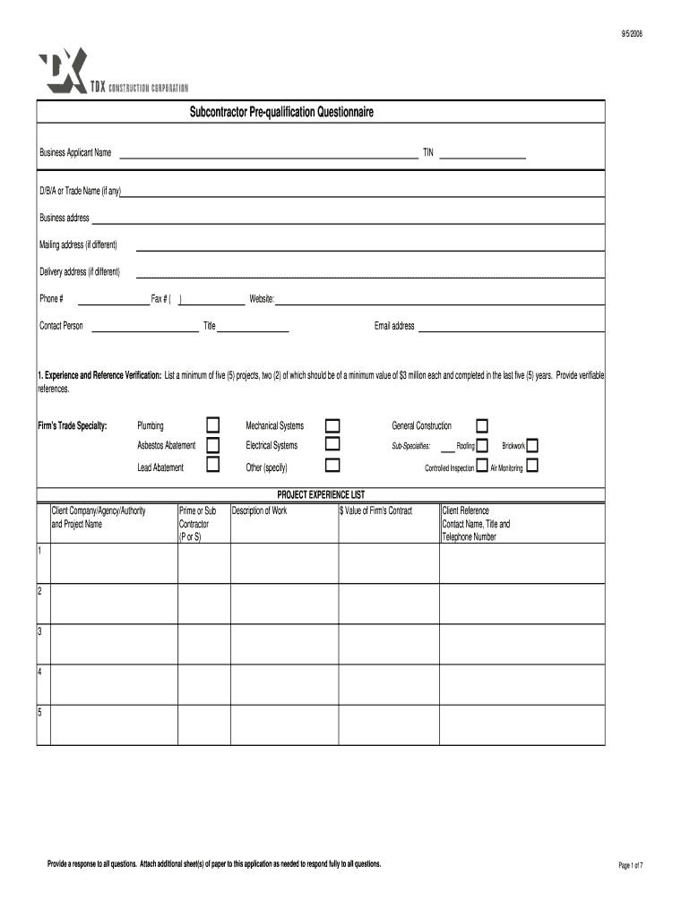 Fillable Online CM Name Subcontractor Pre-qualification Questionnaire ...