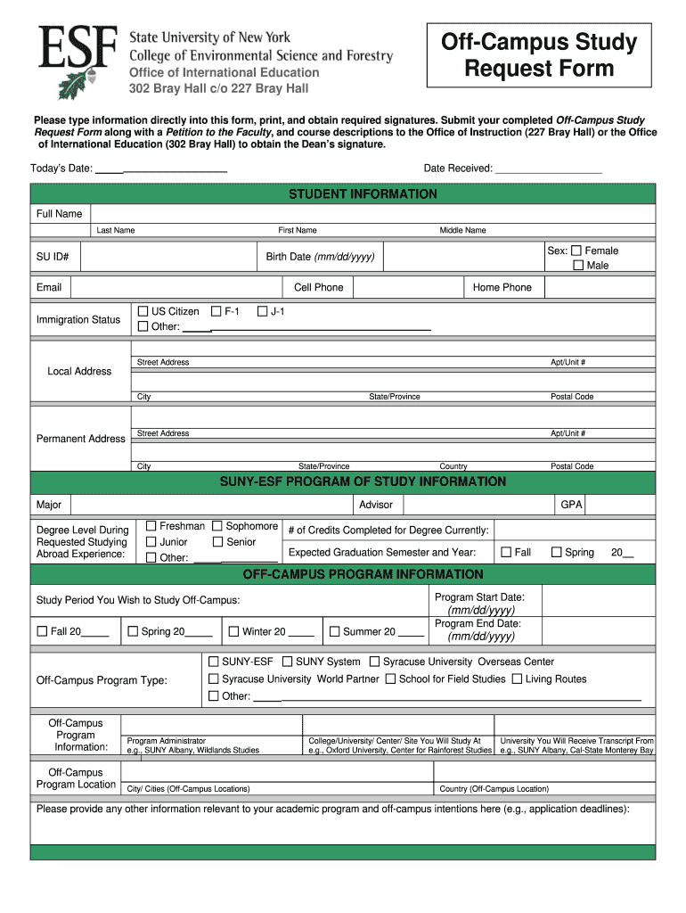 Fillable Online esf OffCampusStudyRequestForm.doc Fax Email Print ...