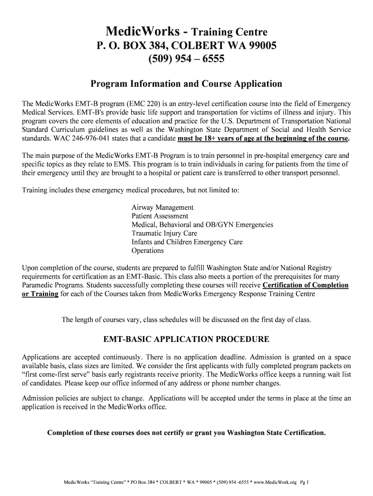 Fillable Online medicworks MedicWorks 2015 EMT Course Application with ...