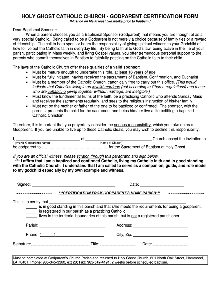 Fillable Online HOLY GHOST CATHOLIC CHURCH - GODPARENT CERTIFICATION ...