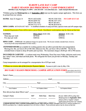 Fillable Online Elbow Lane Day Camp -- Early Season ENROLLMENT 2010 Fax ...