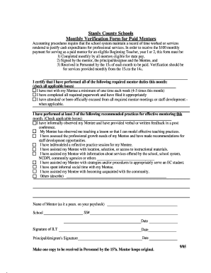 Fillable Online Stanly County Schools Monthly Verification Form for ...
