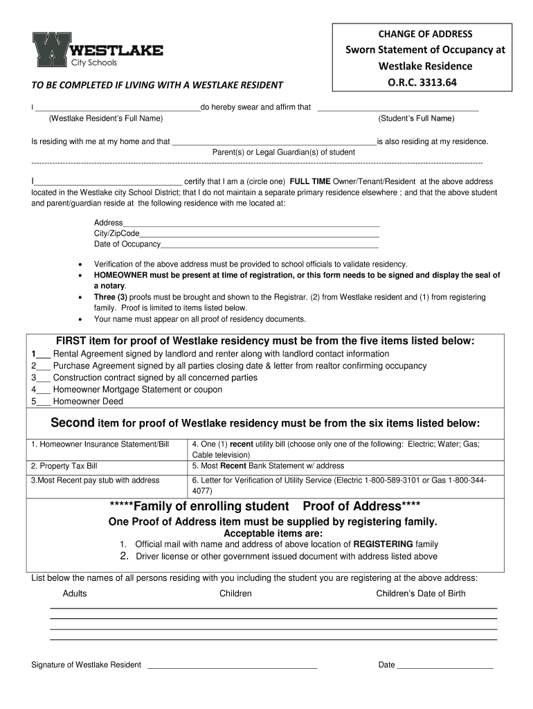 Fillable Online Sworn Statement of Occupancy at Westlake Residence TO ...