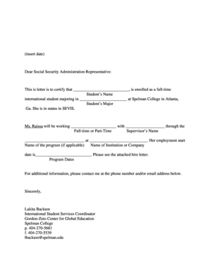 Fillable Online spelman International Students SSA Letter Sample ...