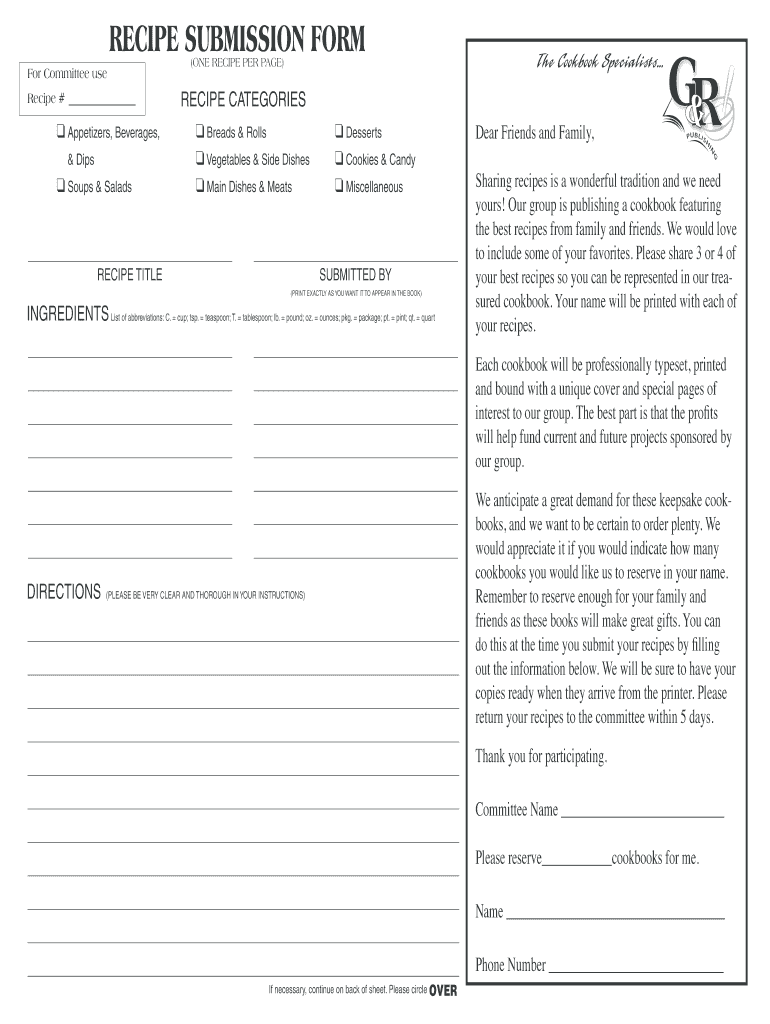 Fillable Online Recipe SubmiSSion FoRm - GR Publishing Fax Email Print ...