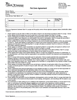 Fillable Online Pet Care Agreement - Bark N Lounge Pet Resort Fax Email ...