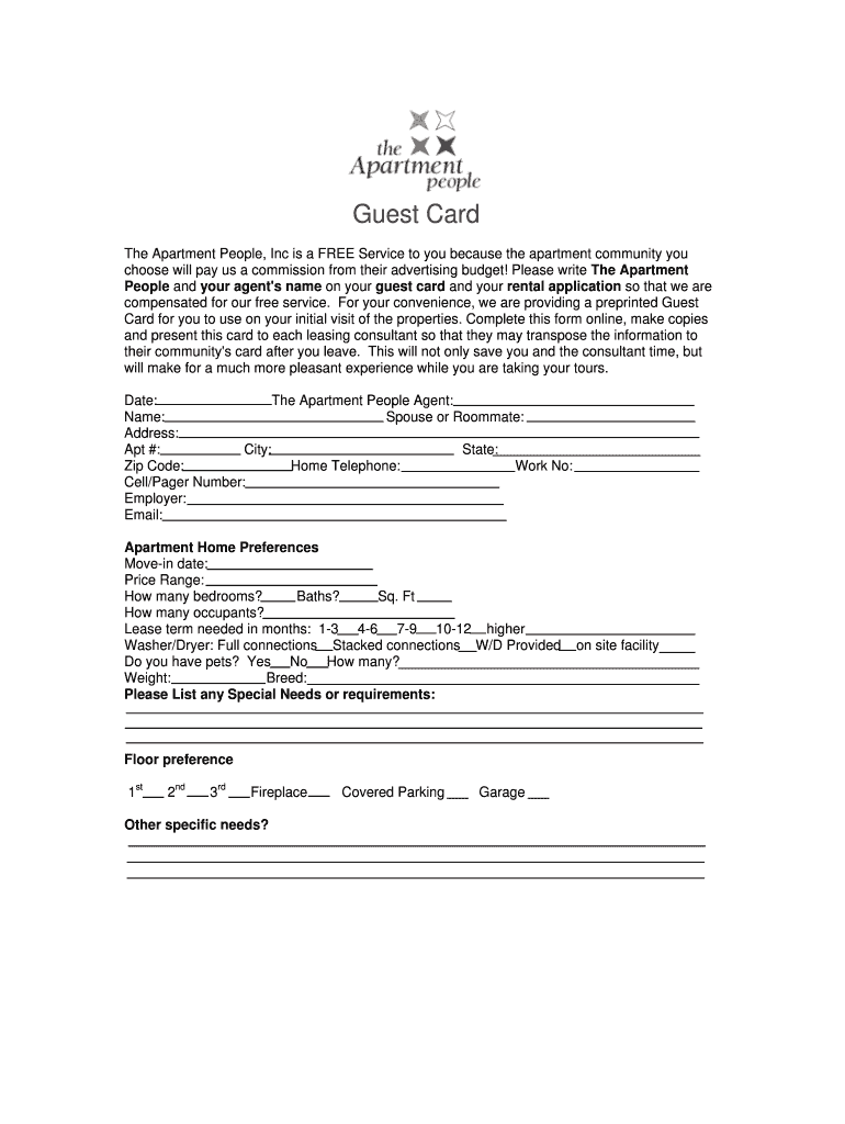 Fillable Online Guest Card - dallas apartment dallas apartment rental ...