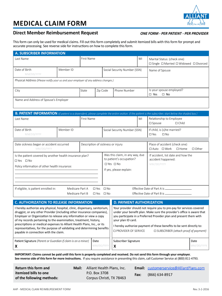 Fillable Online MEDICAL CLAIM FORM - Alliant Fax Email Print - pdfFiller