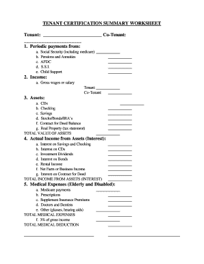 Fillable Online TENANT CERTIFICATION SUMMARY WORKSHEET Tenant Co-Tenant ...