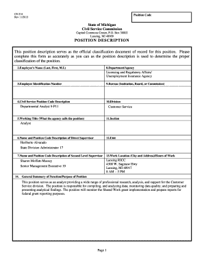 Fillable Online Box 30002 Lansing, MI 48909 POSITION DESCRIPTION This ...
