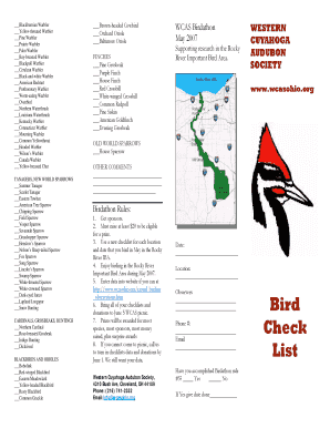 Fillable Online Bird Check List - Western Cuyahoga Audubon Society Fax ...