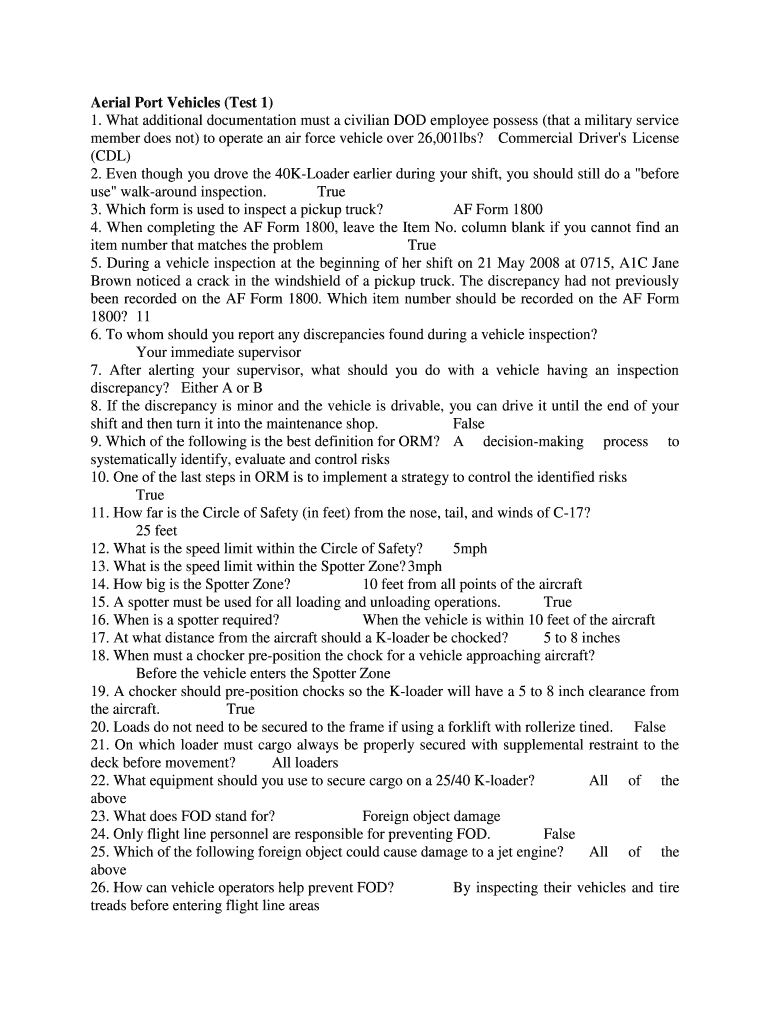 Fillable Online Aerial Port Vehicles (Test 1) 1. What additional ...