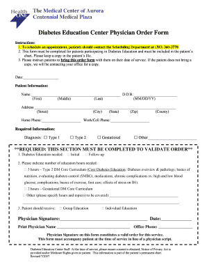 Fillable Online Diabetes Education Center Physician Order Form Fax ...