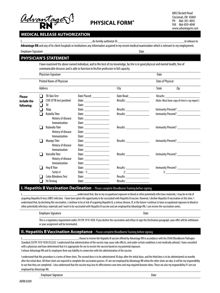 Fillable Online PHYSICAL FORM - Advantage RN Fax Email Print - pdfFiller