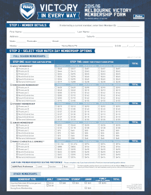 Fillable Online 201516 MELBOURNE VICTORY MEMBERSHIP FORM Fax Email ...