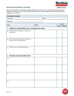 Fillable Online worksafesask Sample Orientation Checklist Sample Young ...