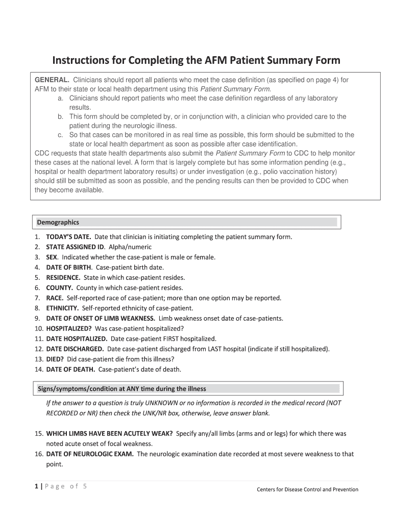 Fillable Online Instructions for Completing AFM Patient Summary Form ...