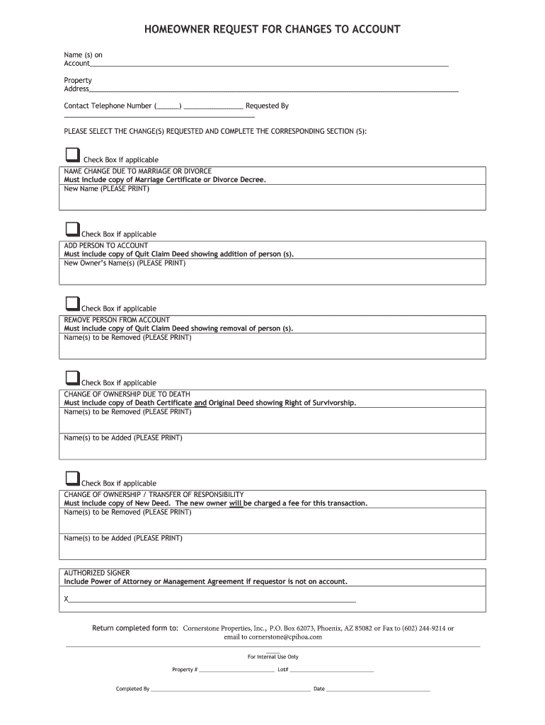 Fillable Online HOMEOWNER REQUEST FOR CHANGES TO ACCOUNT Fax Email ...